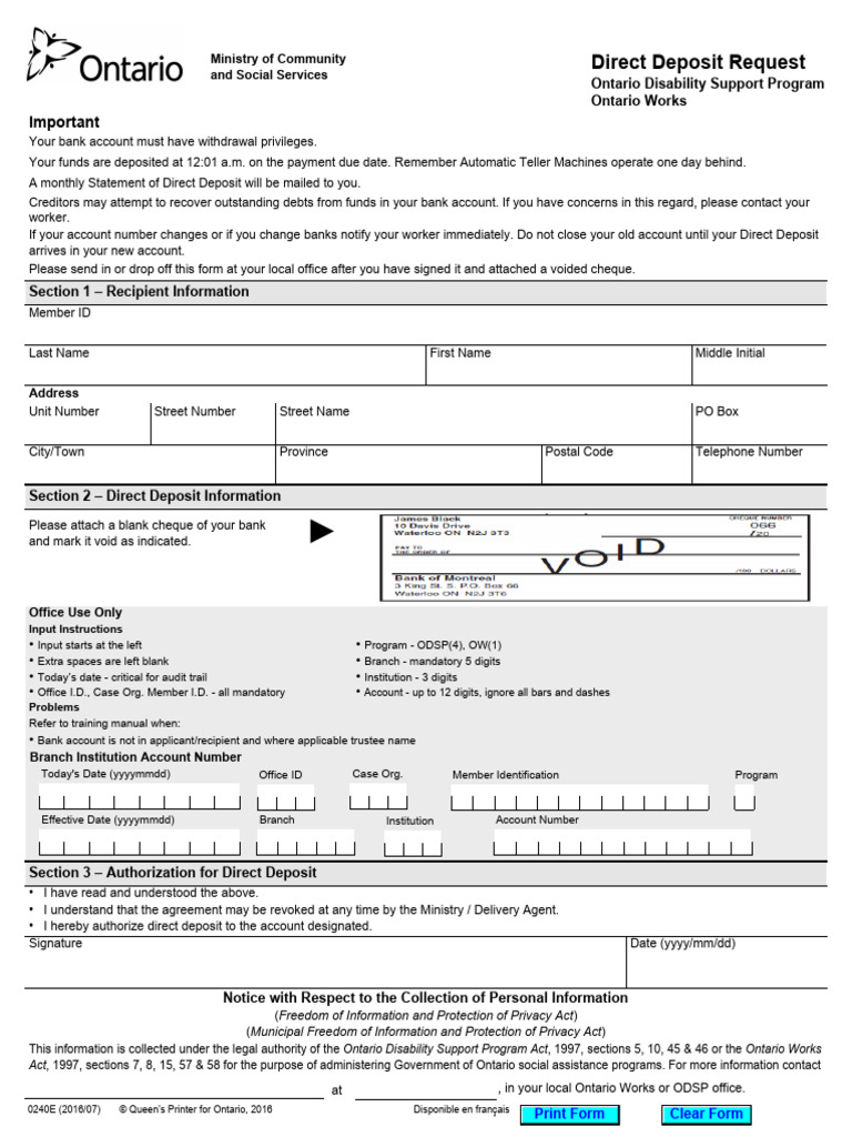 Direct Deposit Request for Ontario Assistance | PDF | Banks | Cheque