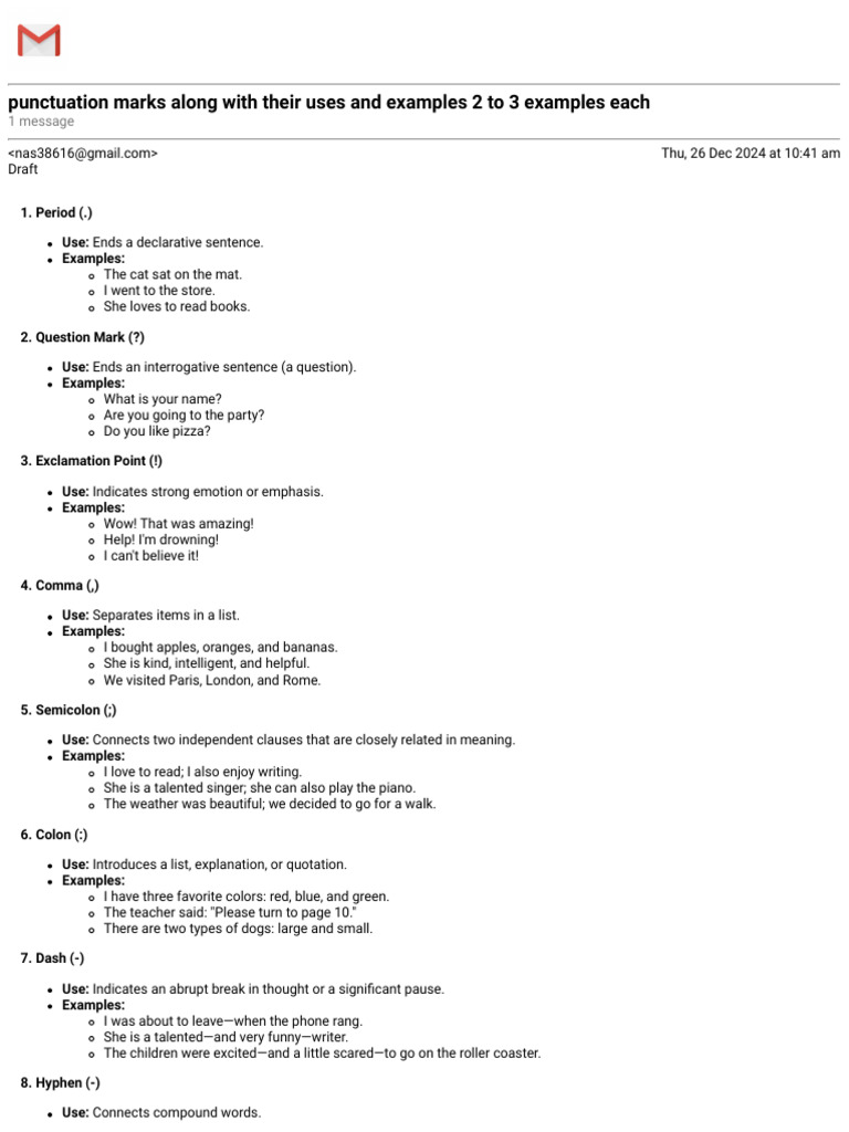Gmail - Punctuation Marks Along With Their Uses and Examples 2 To 3 ...
