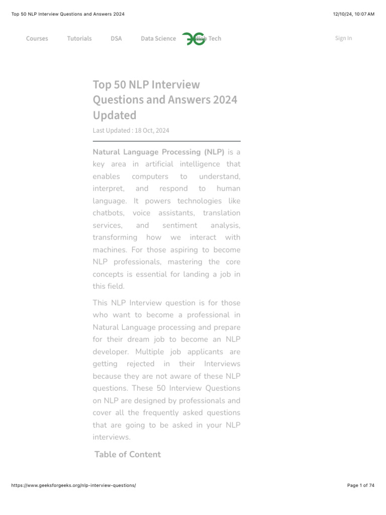 Top 50 NLP Interview Questions and Answers 2024 | PDF | Parsing | Syntax
