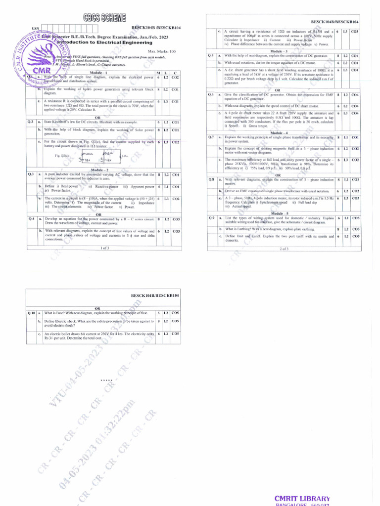 VTU Question Paper of BESCK104B Introduction To Electrical Engineering ...