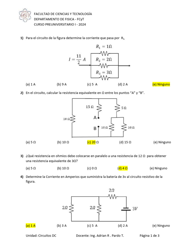 10 Preg Circuitos Dc Adrian Pardo.docx | PDF | Resistencia Eléctrica y Conductancia | Ciencias ...