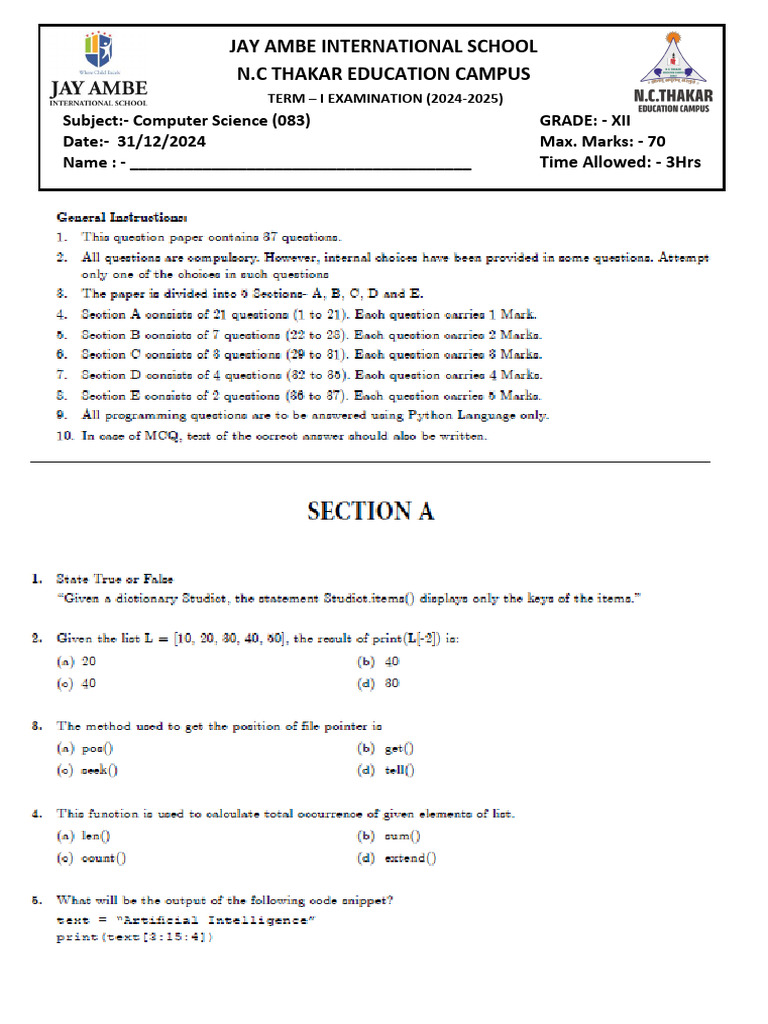 Grade 12 Computer Science Exam | PDF