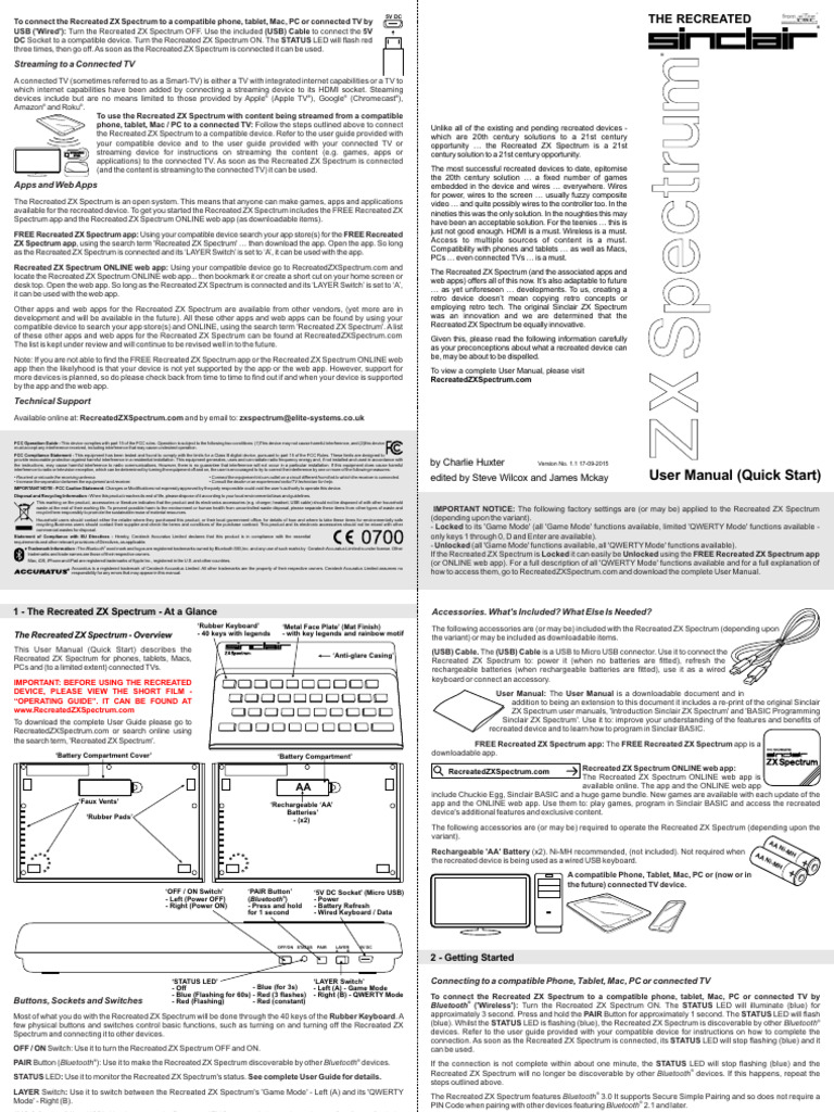 Recreated ZX Spectrum User Guide Quick Start Draft 23 I15 v1 0 | PDF | Bluetooth | Mobile App