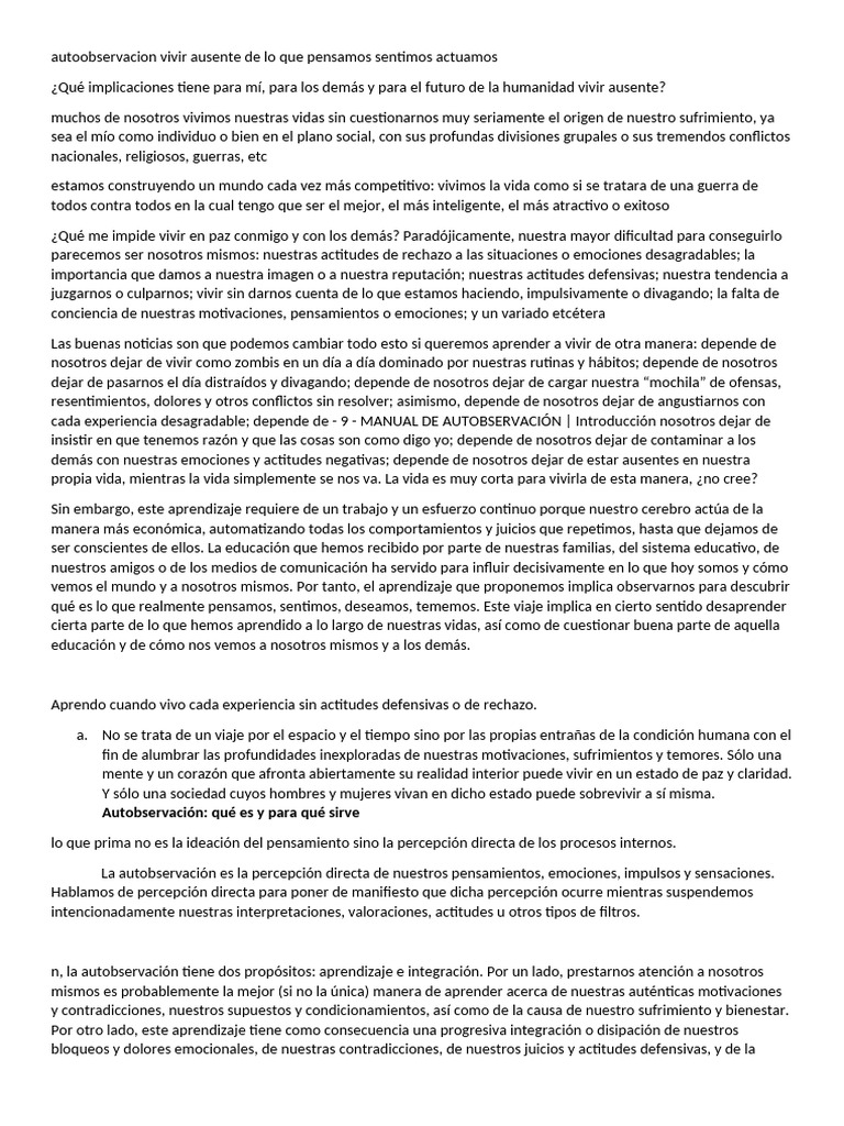 Autoobservacion Vivir Ausente de Lo Que Pensamos Sentimos Actuamos ...