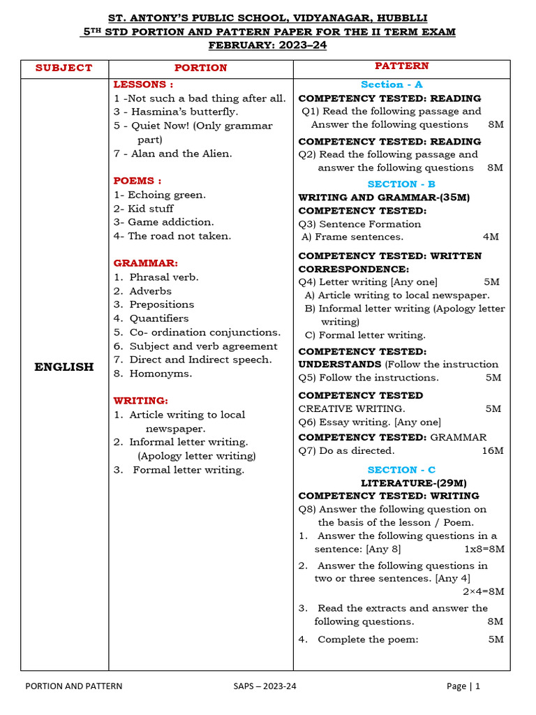 5th STD Portion & Pattern Paper AND Final Exam Time Table 2023-24 | PDF | Multiple Choice