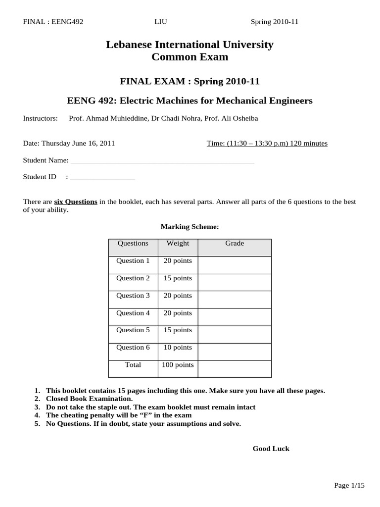 EENG492 Final Spring 2010-11 | PDF | Electric Motor | Electric Generator