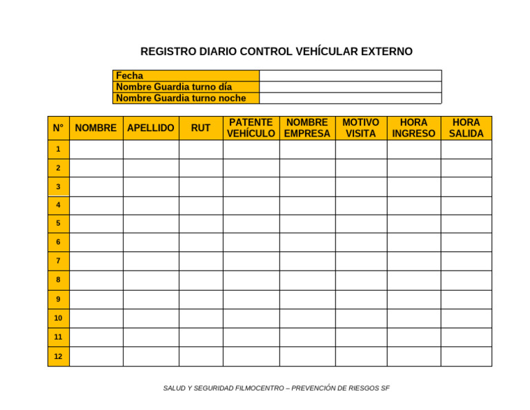 Formulario Registro Diario Control Vehícular Externo | PDF