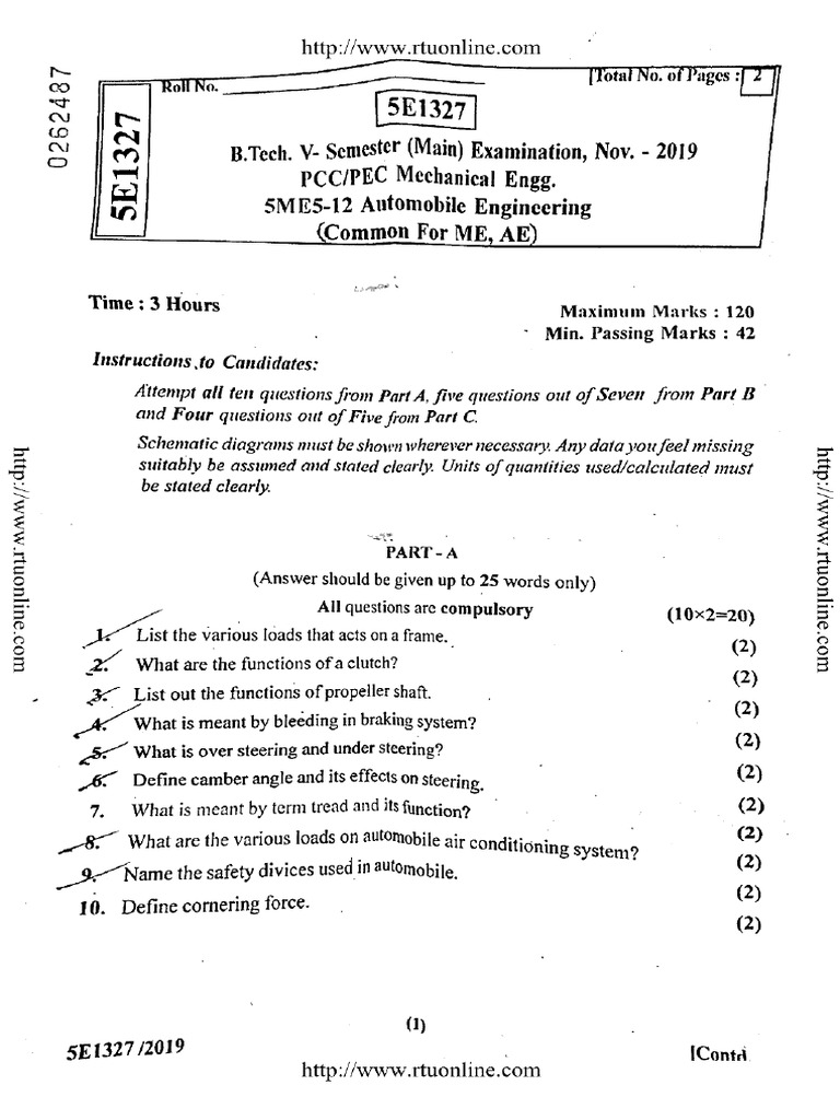 Btech Me Ae 5 Sem Automobile Engineering 5e1327 Nov 2019 | PDF