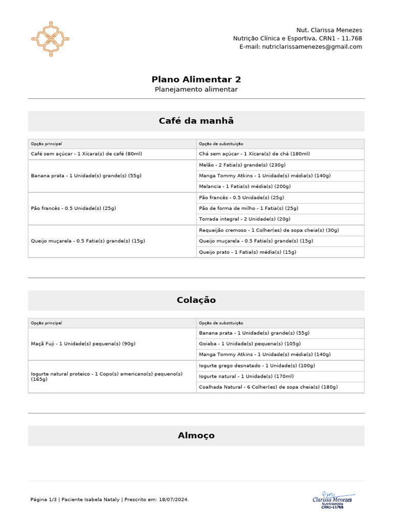 Plano Alimentar Personalizado para Isabela | PDF | Alimentos | Culinária