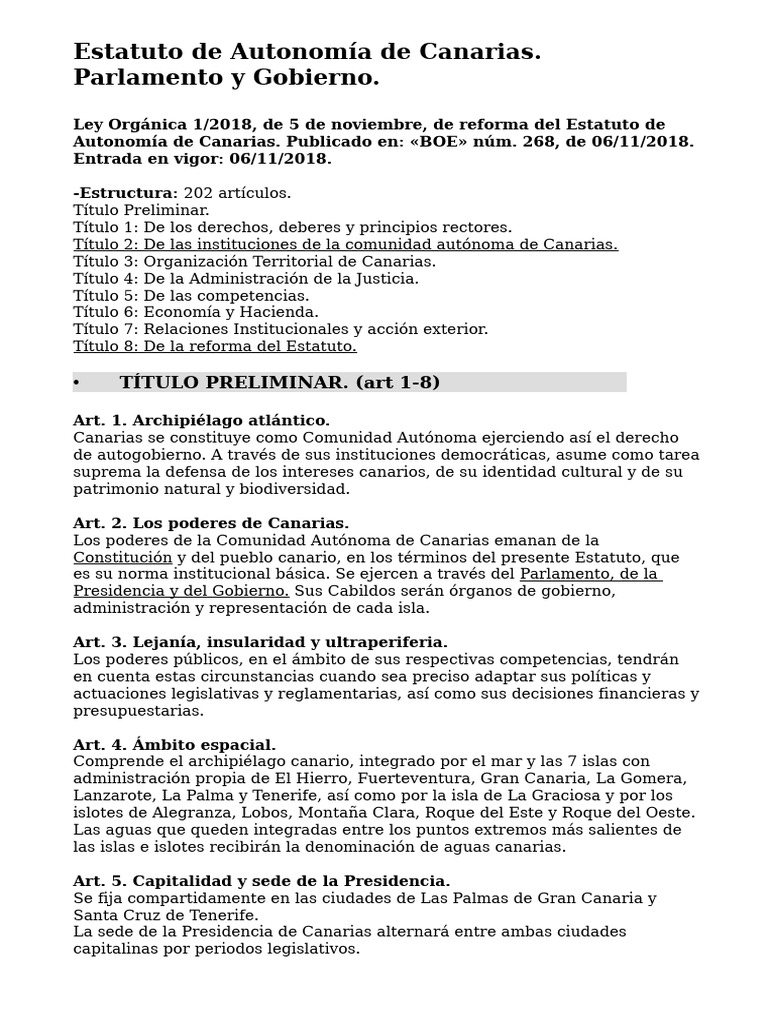 Tema 4. Estatuto de Autonomía de Canarias. Parlamento y Gobierno. | PDF | Islas Canarias ...