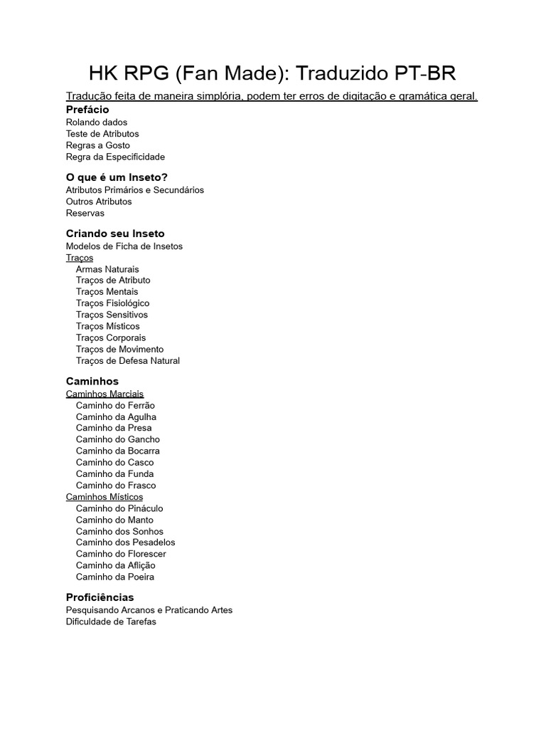 HK RPG Fan Made - Traduzido PT-BR | PDF | Insetos | Projéteis