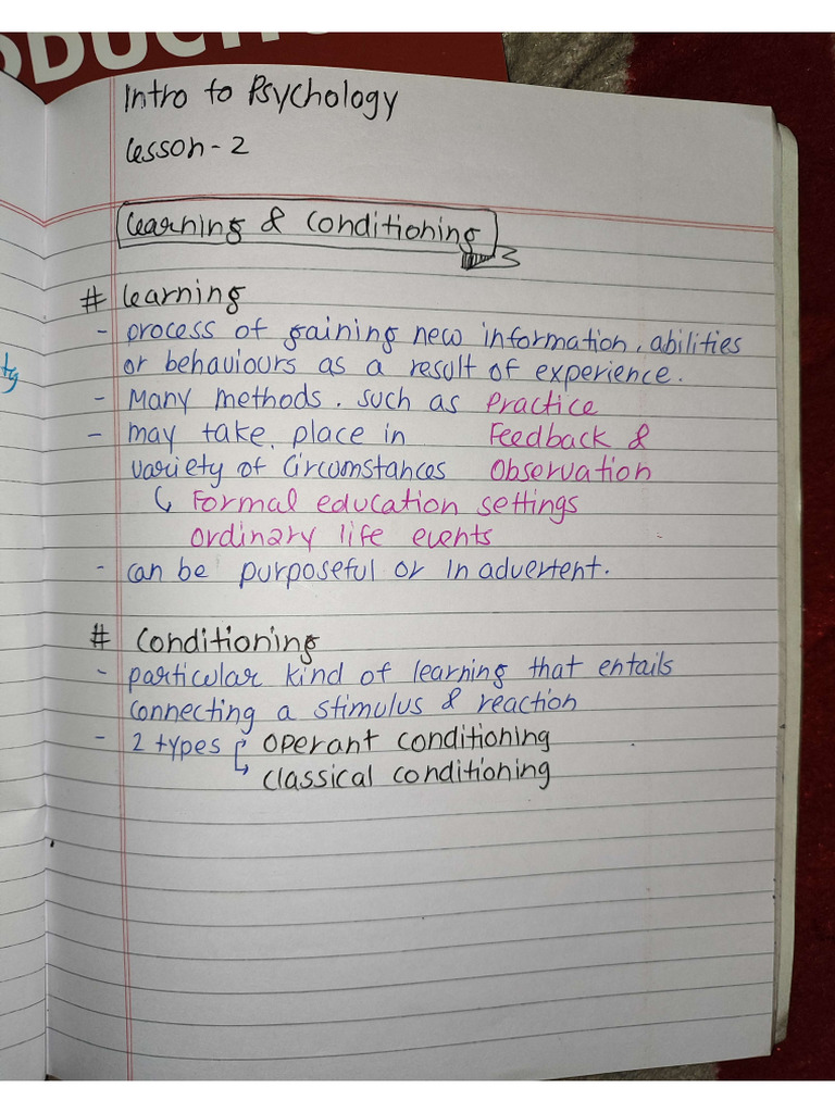 CH 2 Learning & Conditioning Notes Intro To Psychology | PDF
