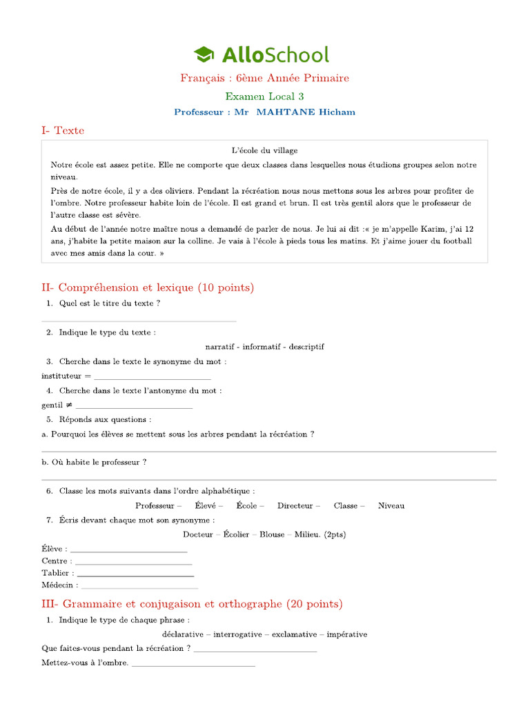 Francais 6ap Examen Local 3 2 (1) | PDF