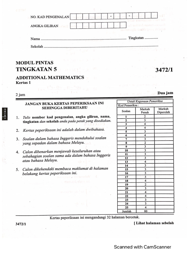 2020 Selangor Addmath Set 1 K1 K2 Soalan + Jawapan | PDF