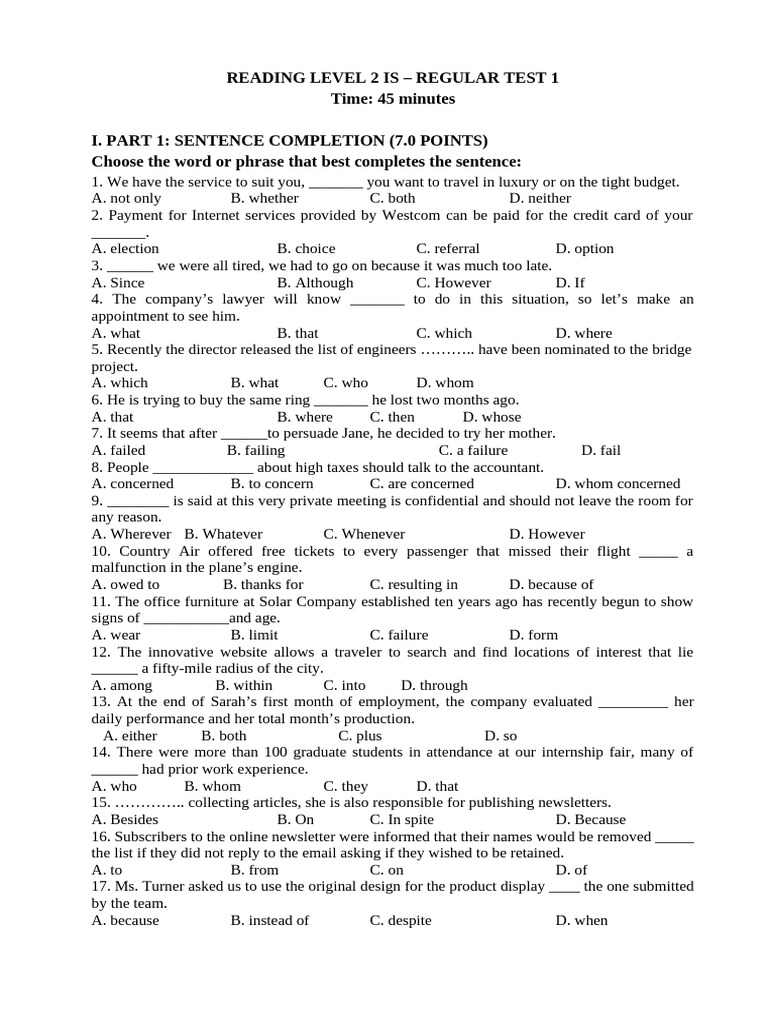 Reading Level 2 Test: Sentence Completion | PDF
