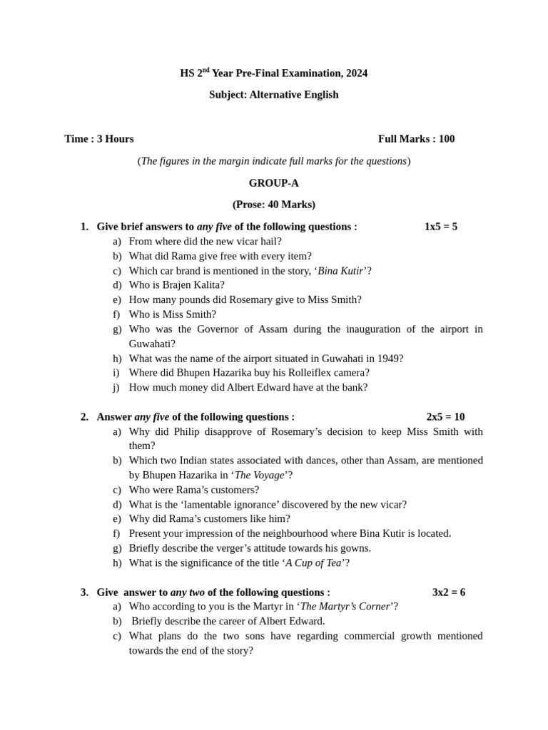 HS 2nd Year Pre-final, Alt.Eng | PDF