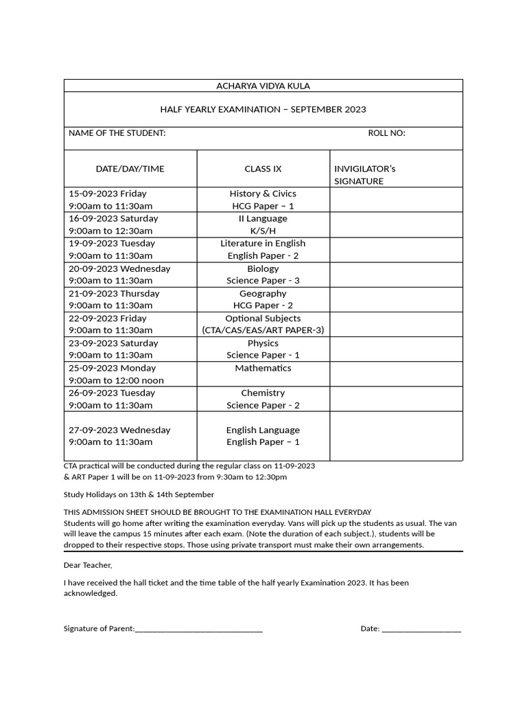 Half Yearly Time table | PDF