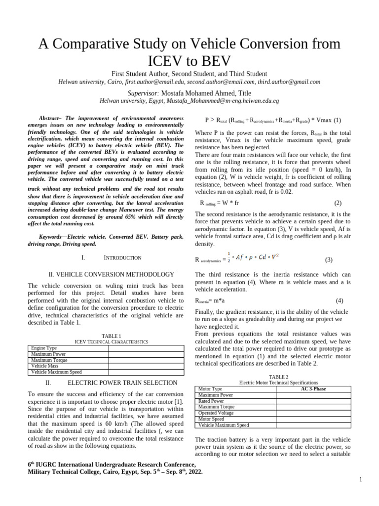 ICEV to BEV Conversion Performance Study | PDF | Electric Motor ...
