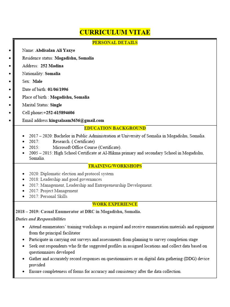 CV Abdisalan Ali Yaxye Enumerator | PDF