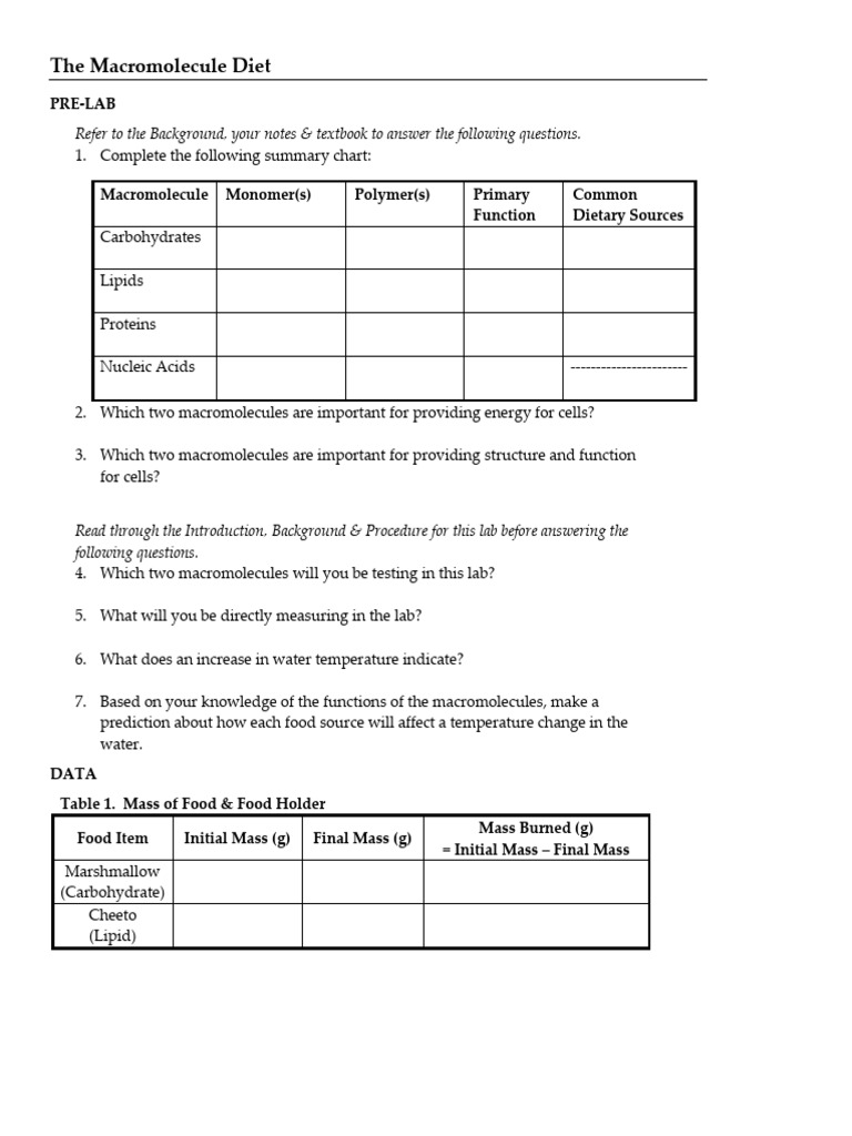Macromolecule Calorimentry Lab Student Data Sheet | PDF | Fat ...