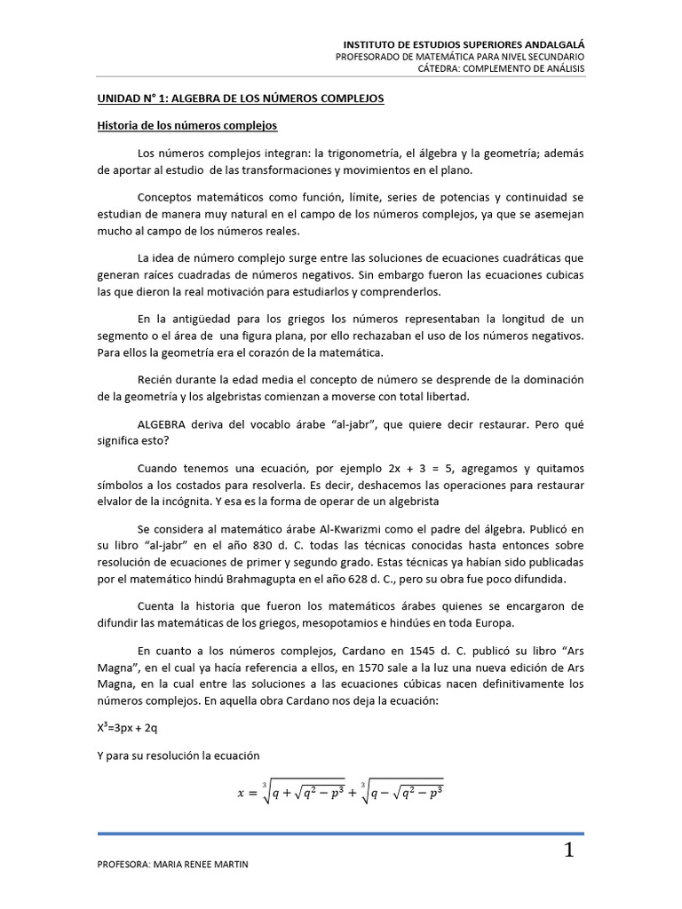 UNIDAD Nº1: Álgebra de Los Números Complejos | PDF | Números | Álgebra