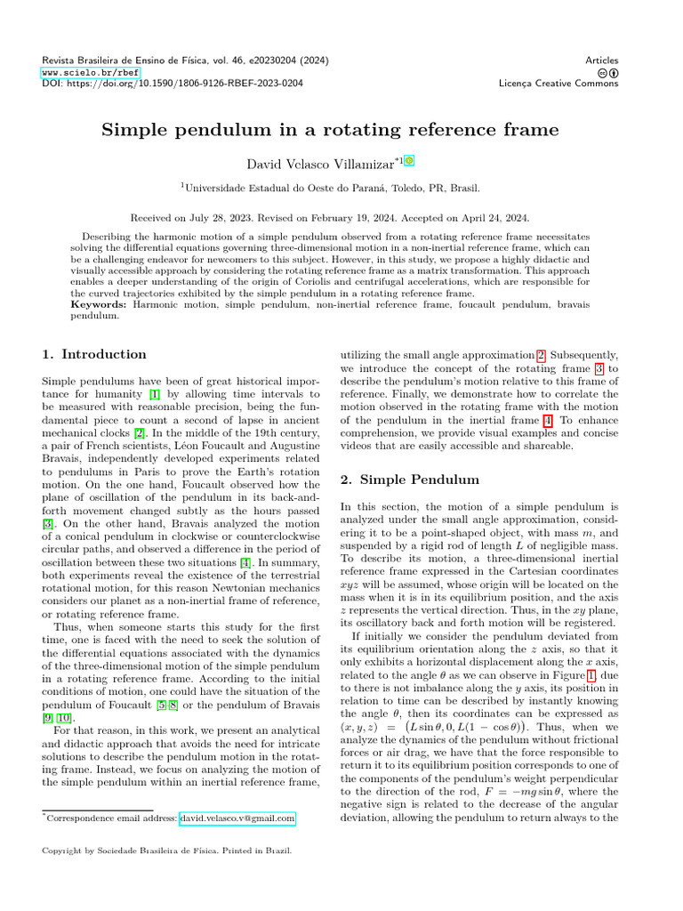 SBF_2024_Simple pendulum in a rotating reference frame | PDF | Coordinate System | Acceleration