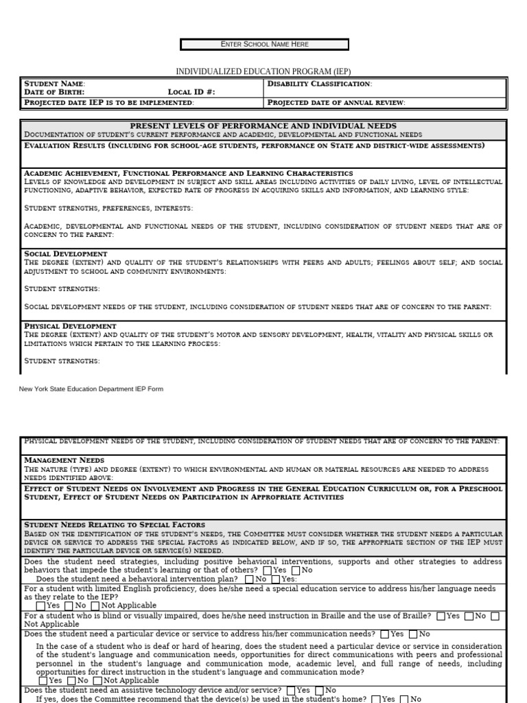 Nys Iep Form | PDF | Individualized Education Program | Special Education