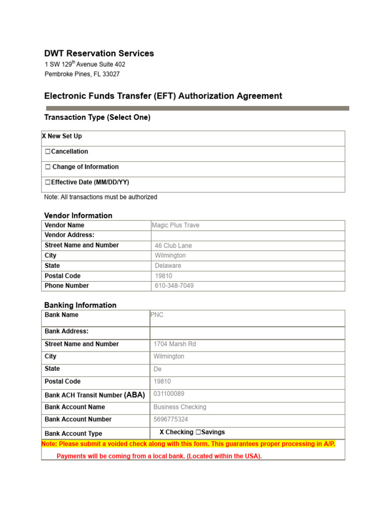 EFT Authorization Form.docx | PDF | Banking