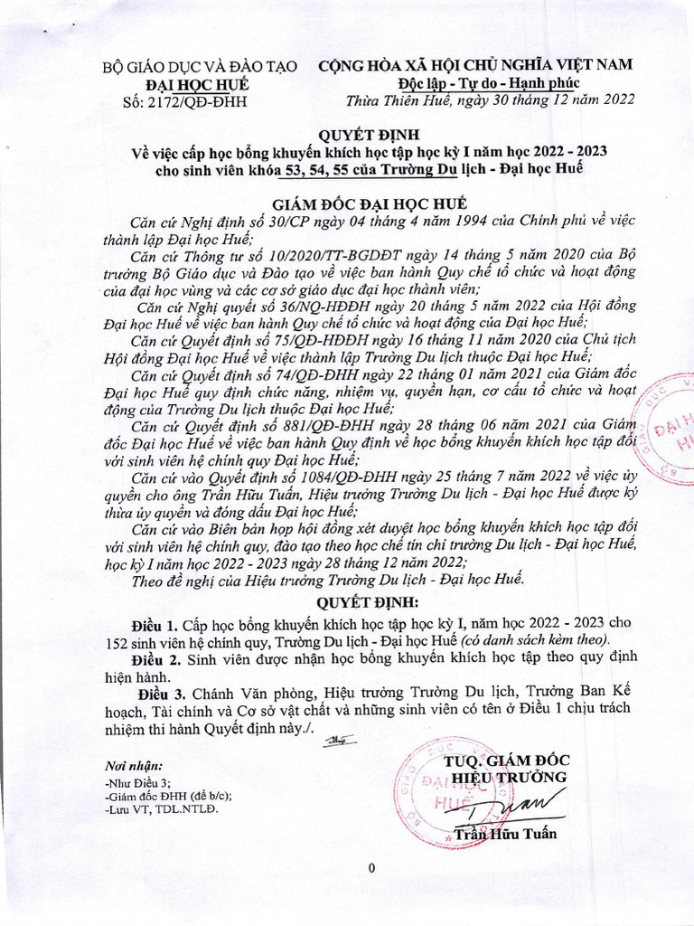 2172 Ngay 30.12.2022 QUYET DINH HOC BONG KKHT HK1 NH 2022 2023 | PDF
