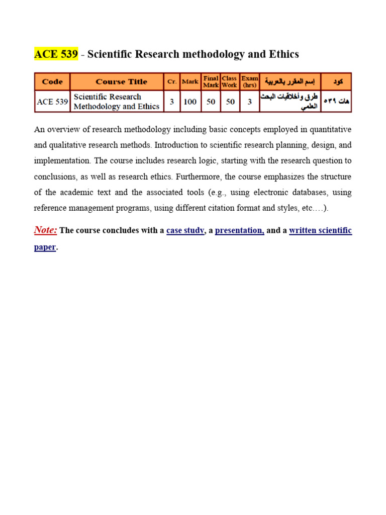 Course Contents - Scientific Research Methodology and Ethics | PDF