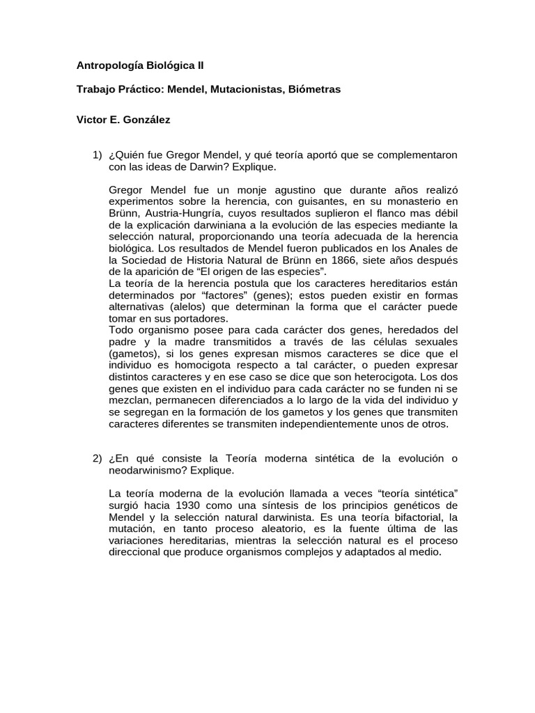 Mendel, Mutacionistas, Biómetras TP | PDF | Evolución | Seleccion natural