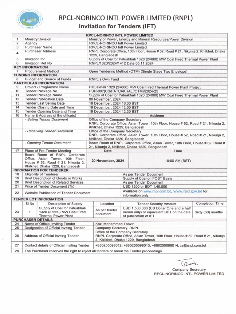 Invitation For Tenders Supply of Coal PCFTPP Signed | PDF