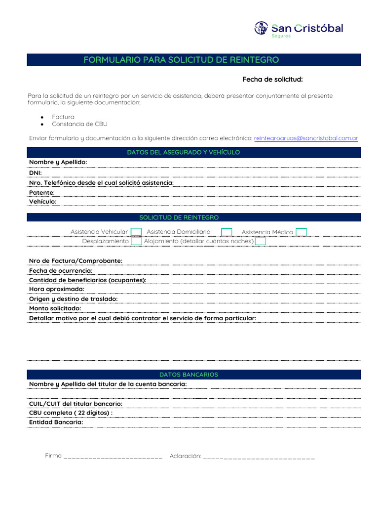 Formulario de Solicitud de Reintegro | PDF
