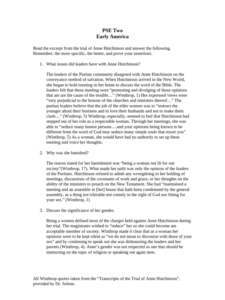 Anne Hutchinson's Trial and Puritanism | PDF | Puritans | John Winthrop