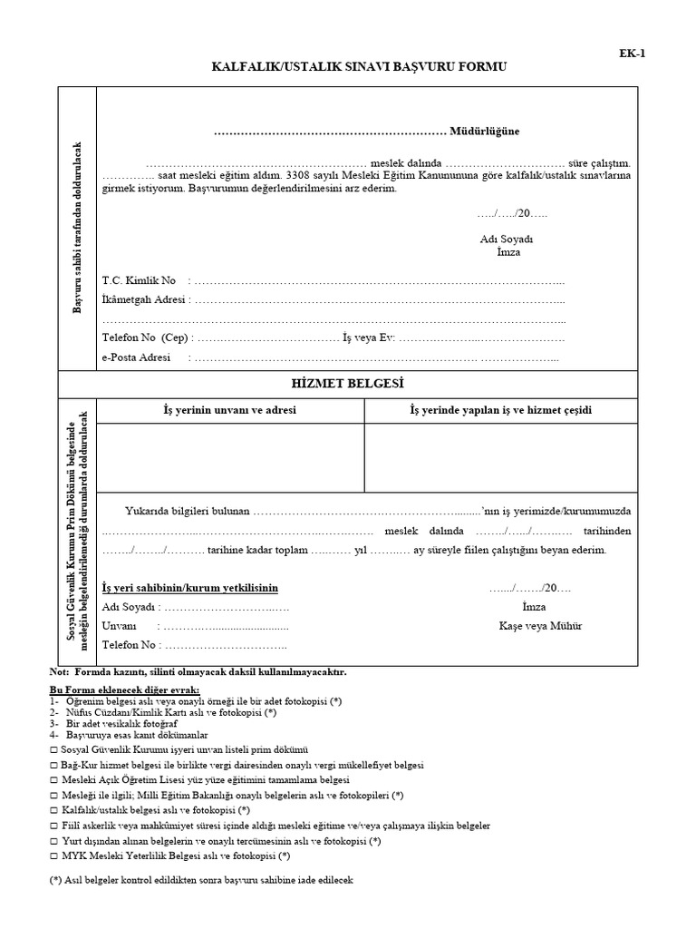 Denklik Kalfalyk Ustalyk Bayvuru Formu | PDF