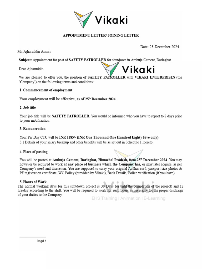 Offer Letter - Ajharuddin - Ambuja Cement Darlaghat Shutdown | PDF | Salary | Employment