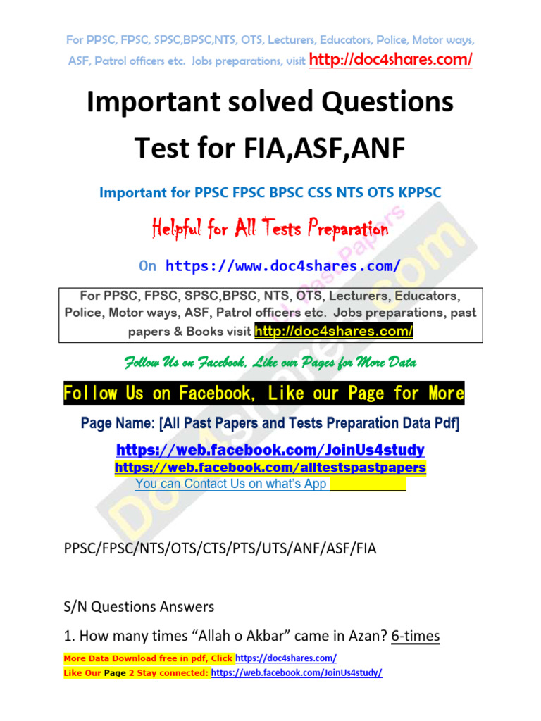 Important Solved Questions Test For FIA, ASF, ANF | PDF | Inspector