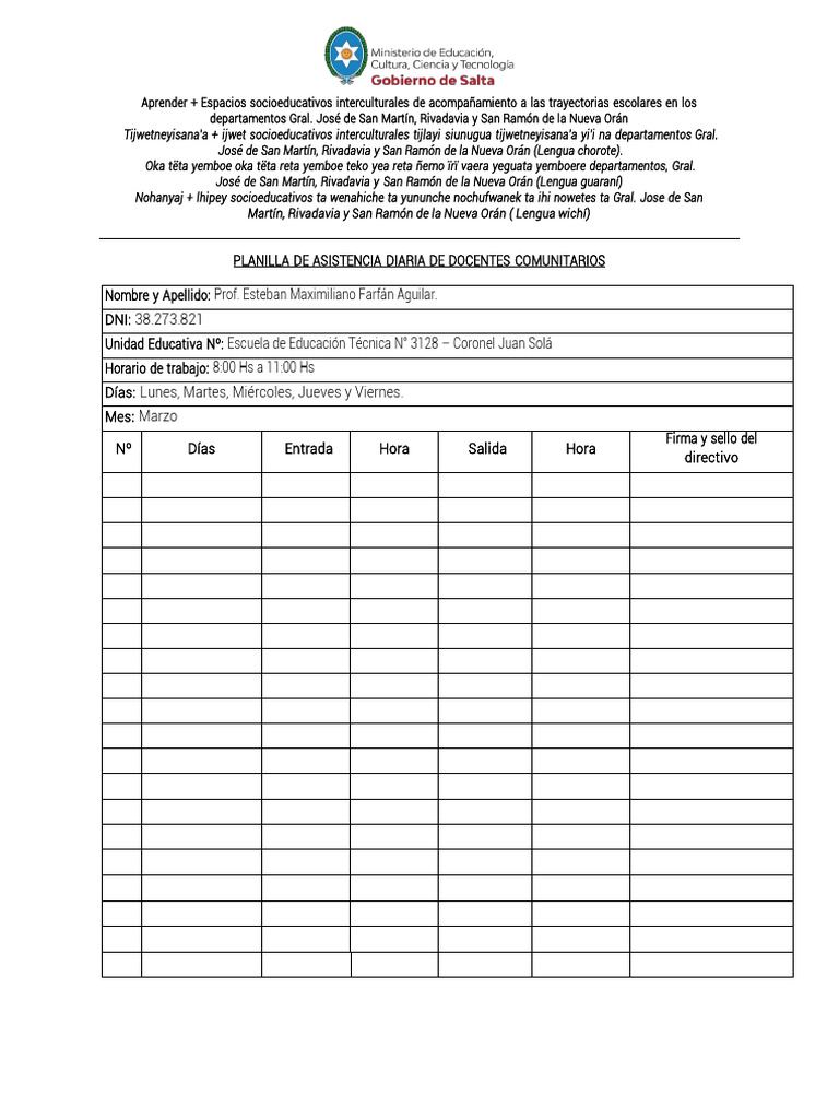 Planilla de Asistencia Diaria para Docentes Comunitarios | PDF