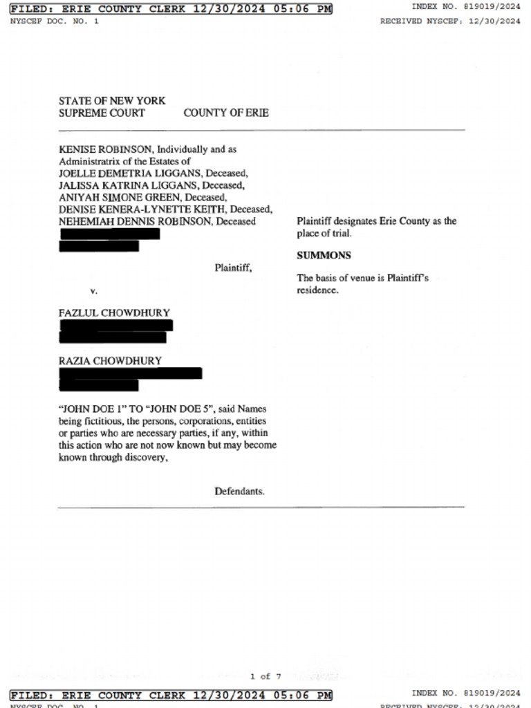 2024 Kenise Robinson V Fazlul Chowdhury Et Al SUMMONS COMPLAINT 1 ...