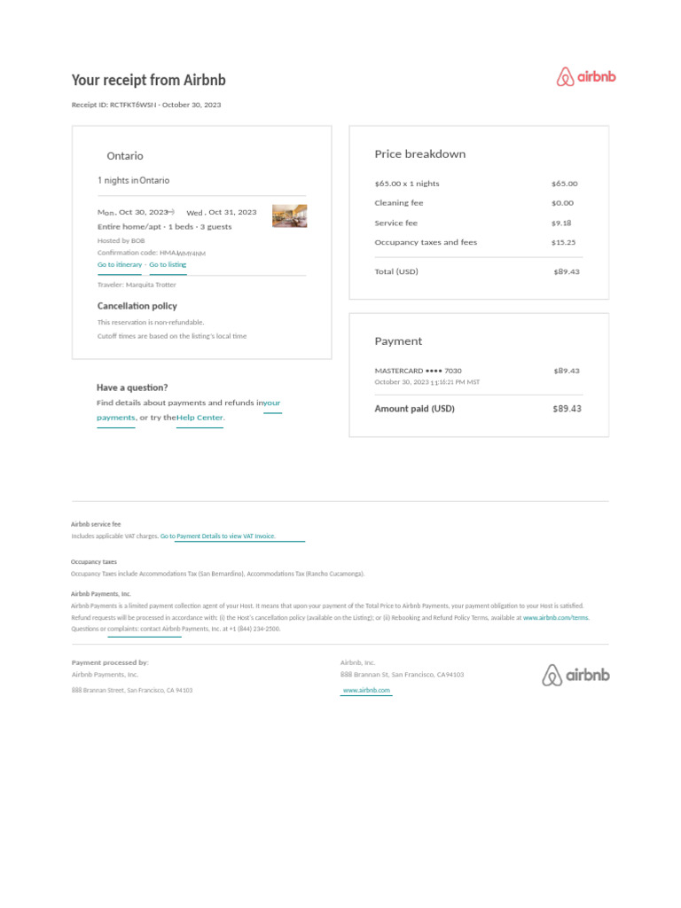 Airbnb Travel Receipt RCTFKT6WSN | PDF | Receipt | Airbnb