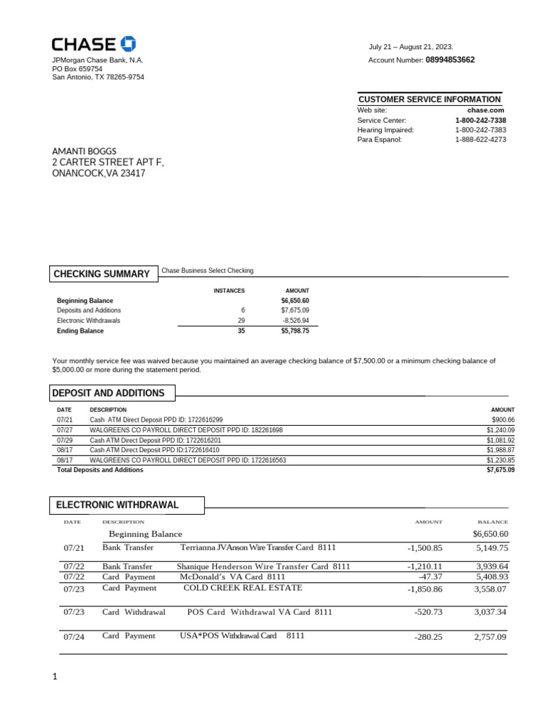Amanti Boggs Chase Bank Statement July - Aug | PDF | Banks | Wire Transfer
