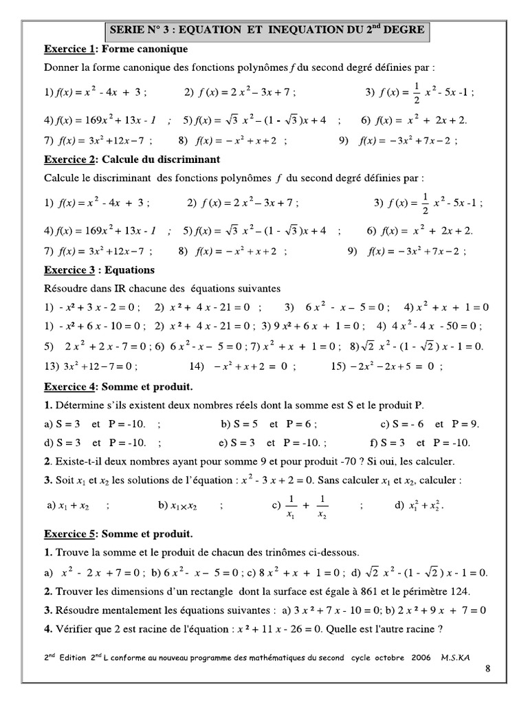 Equations Et Inequations Du 2nde Degres 2nde L | PDF
