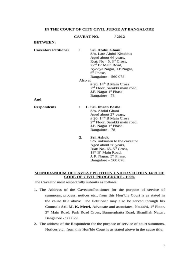 Caveat Petition by Abdul Ghani, Bangalore | PDF | Justice | Crime ...