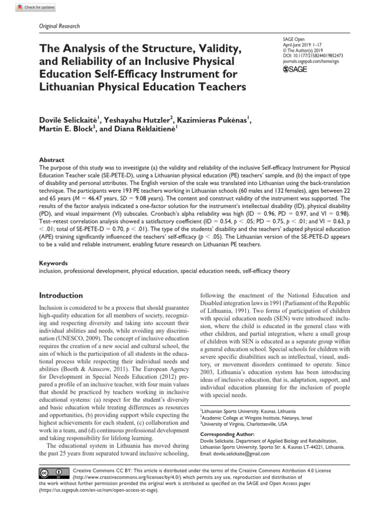 Selickaite Et Al 2019 The Analysis of The Structure Validity and Reliability of An Inclusive ...