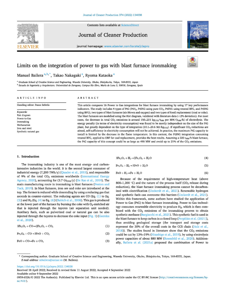 Limits on the integration of power to gas with blast furnace ironmaking | PDF