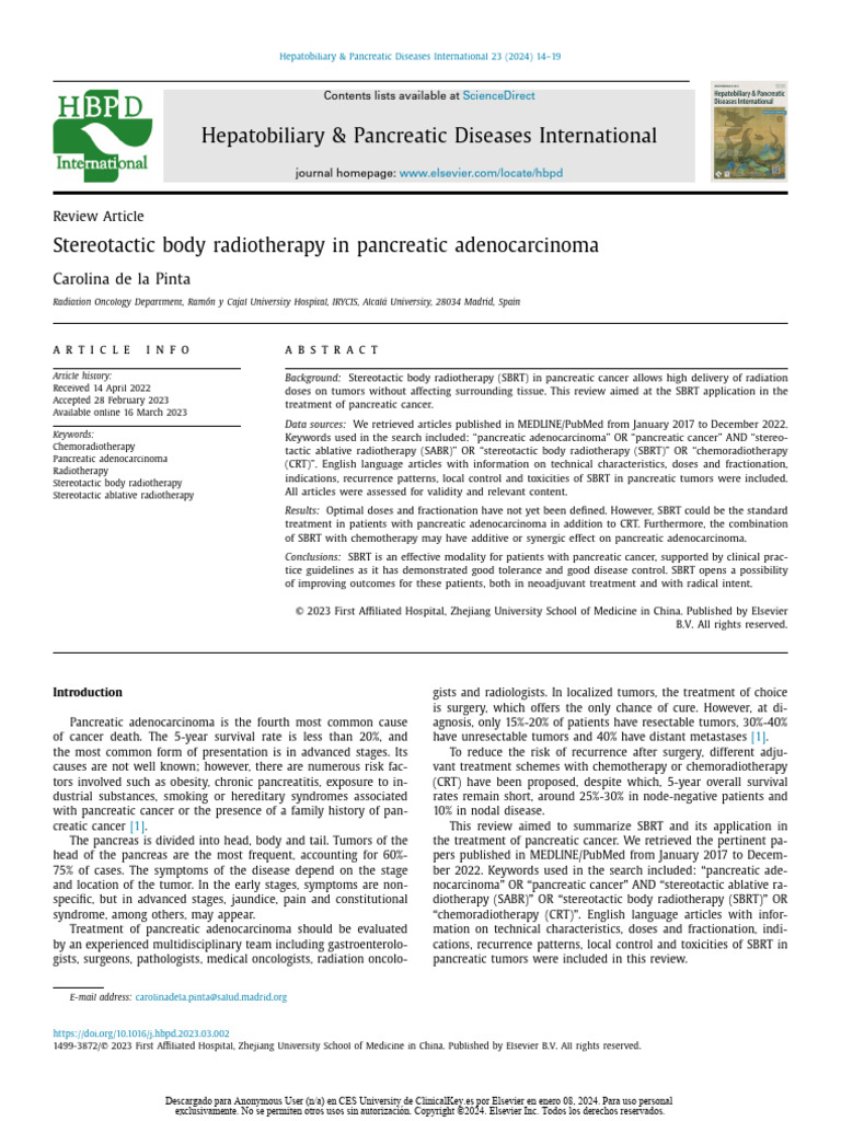 Stereotactic Body Radiotherapy in Pancreatic Adenocarcinoma 2023 | PDF | Pancreatic Cancer ...