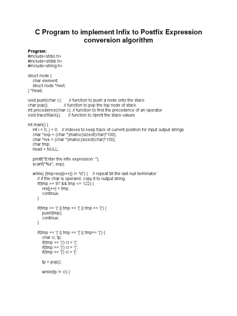 C Program To Implement Infix To Postfix Expression Conversion Algorithm Pdf C Programming 9576