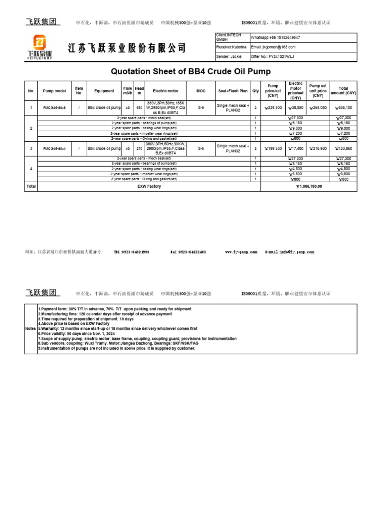 Quotation Sheet of BB4 Pump | PDF | Mechanical Engineering | Machines