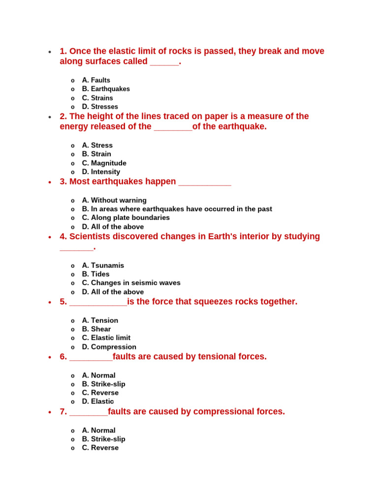 Quiz. 1 (Earthquakes) | PDF | Earthquakes | Geological Hazards