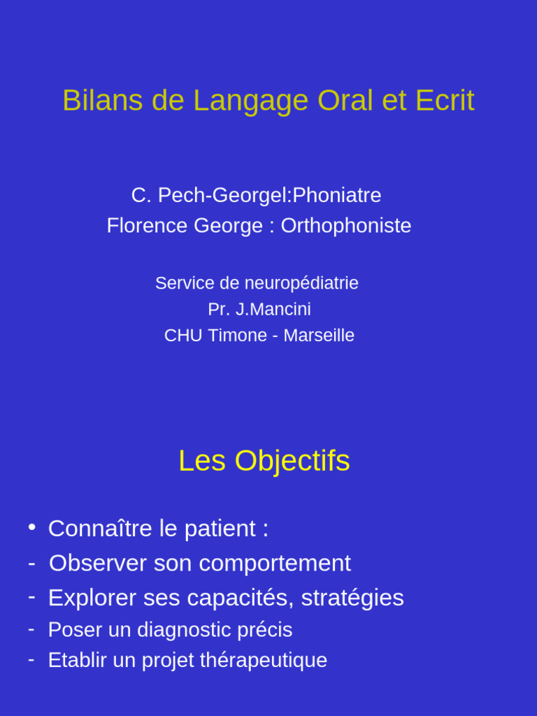 Bilans de Langage Oral et Écrit en Pédiatrie | PDF | Mémoire ...